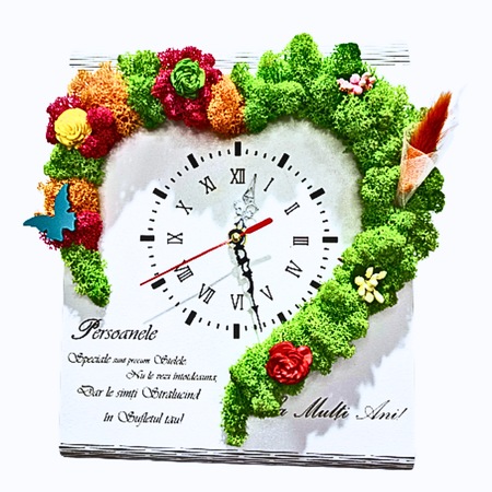 Ceas Birou Inima cu licheni stabilizati, naturali, multicolor ...