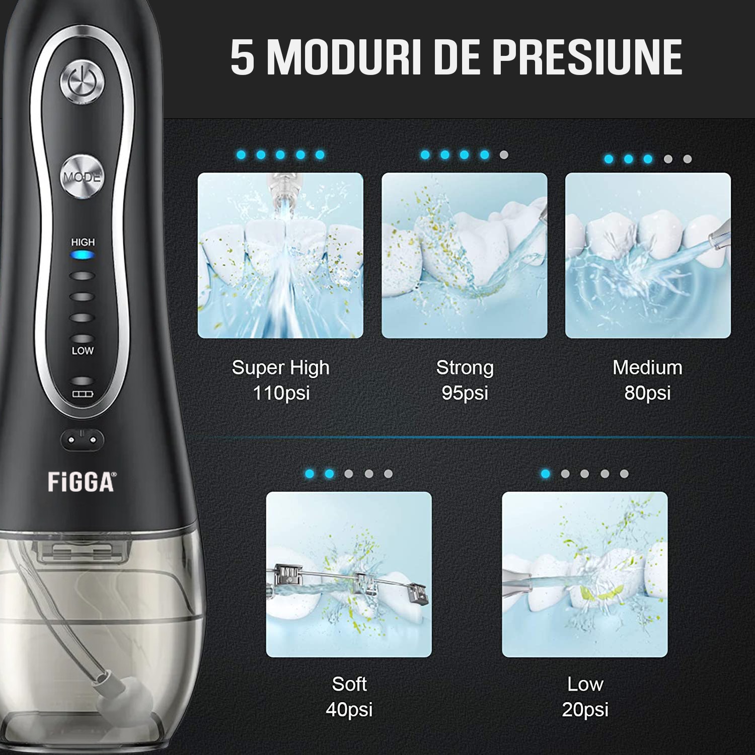 Dus bucal FiGGA® Oral-F101, Irigator portabil profesional, 8 Capete ...