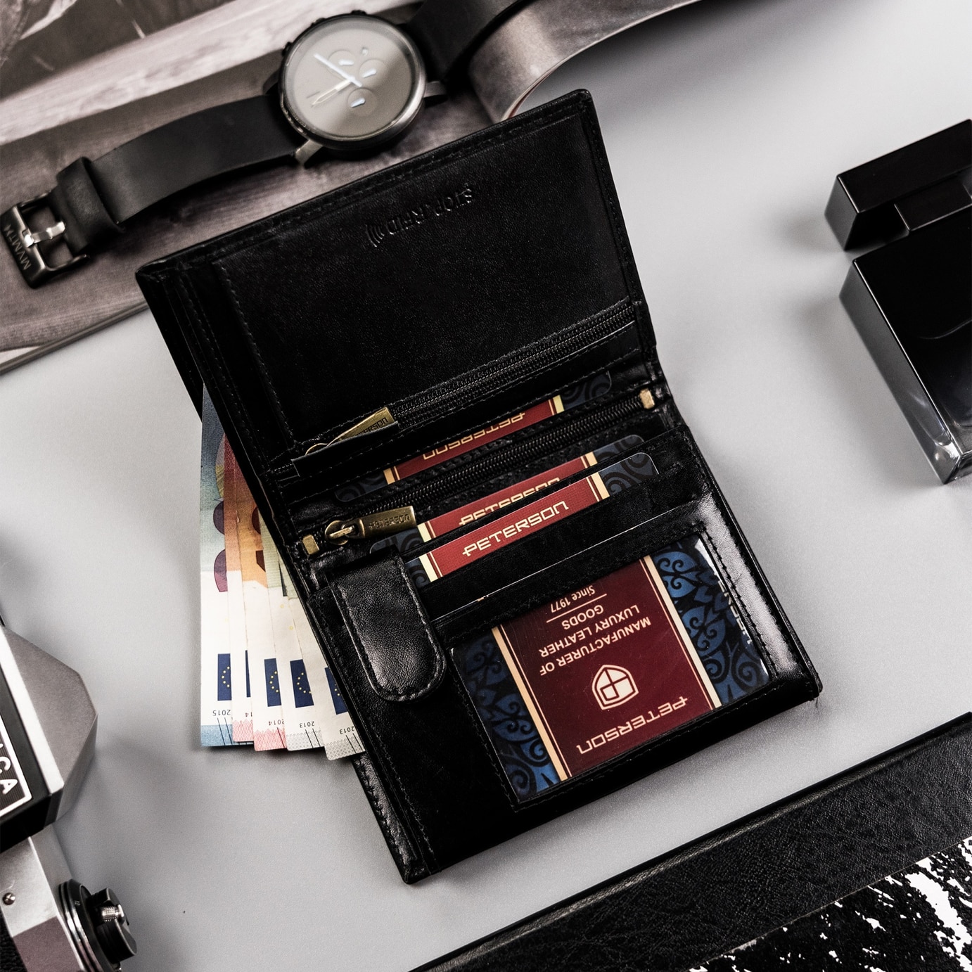 Portofel barbati, piele naturala, protectie Rfid, Peterson, Negru, 13 x ...
