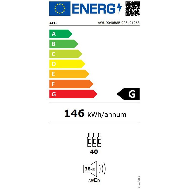 Хладилна витрина за вграждане AEG AWUD040B8B, За вино, 40 бутилки, 122 ...