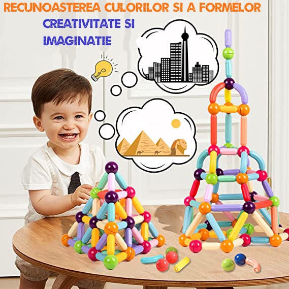 Set de constructie magnetic, inteligent, cu bile, tije, bastoane ...