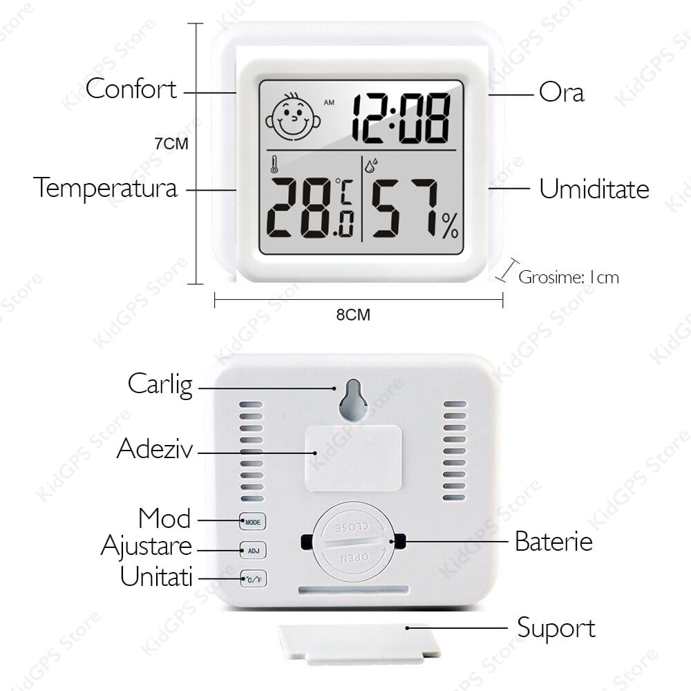 Termometru si higrometru de camera, indicator comfort, afisare ceas si ...