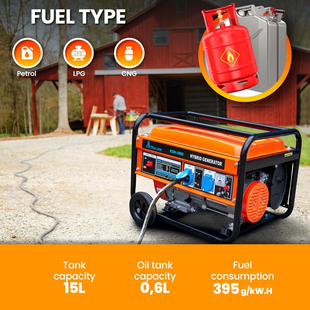 Generator hibrid, Extralink, EGH-3000, Benzina/Gaz, 3kW, 15L, Monofazat ...