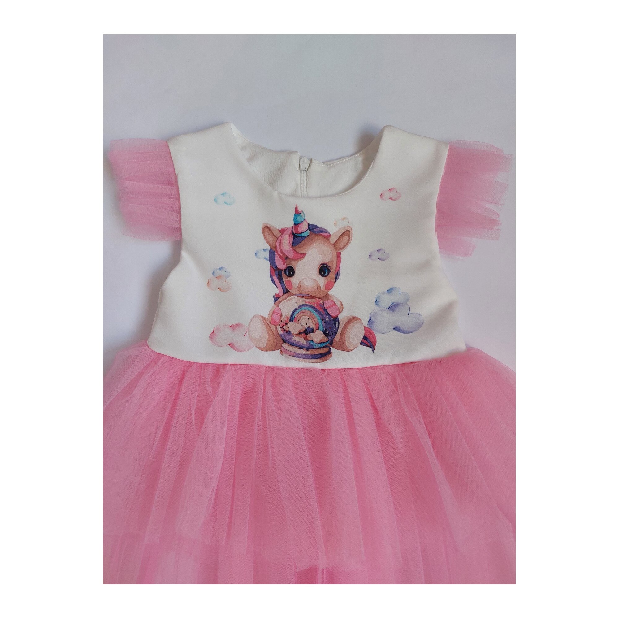 Set Rochie pentru Fetite cu Bentita, Model Unicorn, Tul si Bumbac, Roz ...