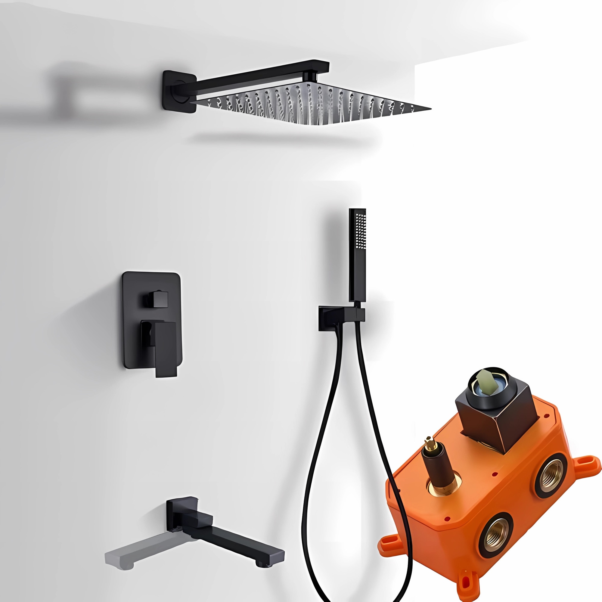 Set de dus Incastrat in perete, cu para patrata 30x30 cm, negru, cu 3 ...