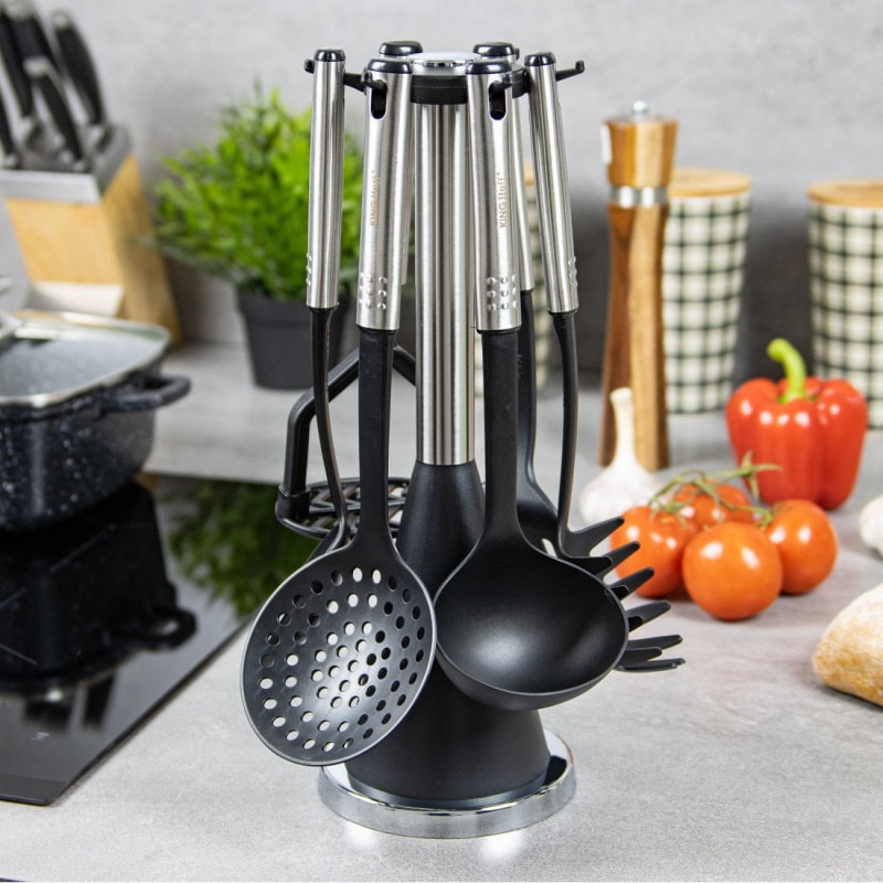 Set ustensile de gatit si servire Kinghoff KH 1569, 7 piese, Stand, Otel inoxidabil / Plastic ...