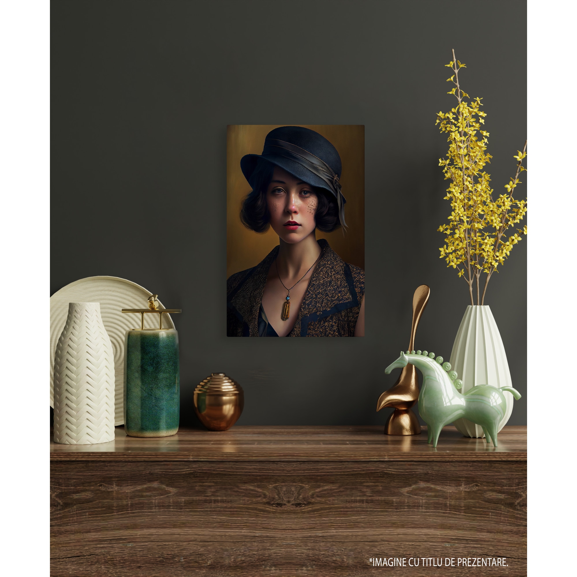 Tablou Canvas Portret Fata Cu Palarie Albastra, Vintige, Medalion La ...