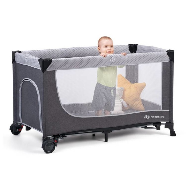 Patut pliabil pentru bebelusi, KinderKraft, Plastic/Otel, Gri inchis ...