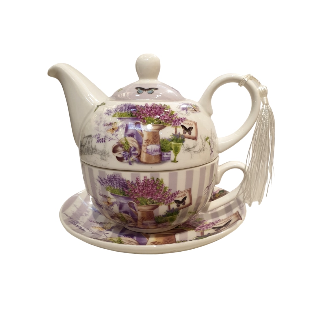 Set ceainic cu ceasca si farfurie pentru o persoana cu imprimeu Lavanda ...