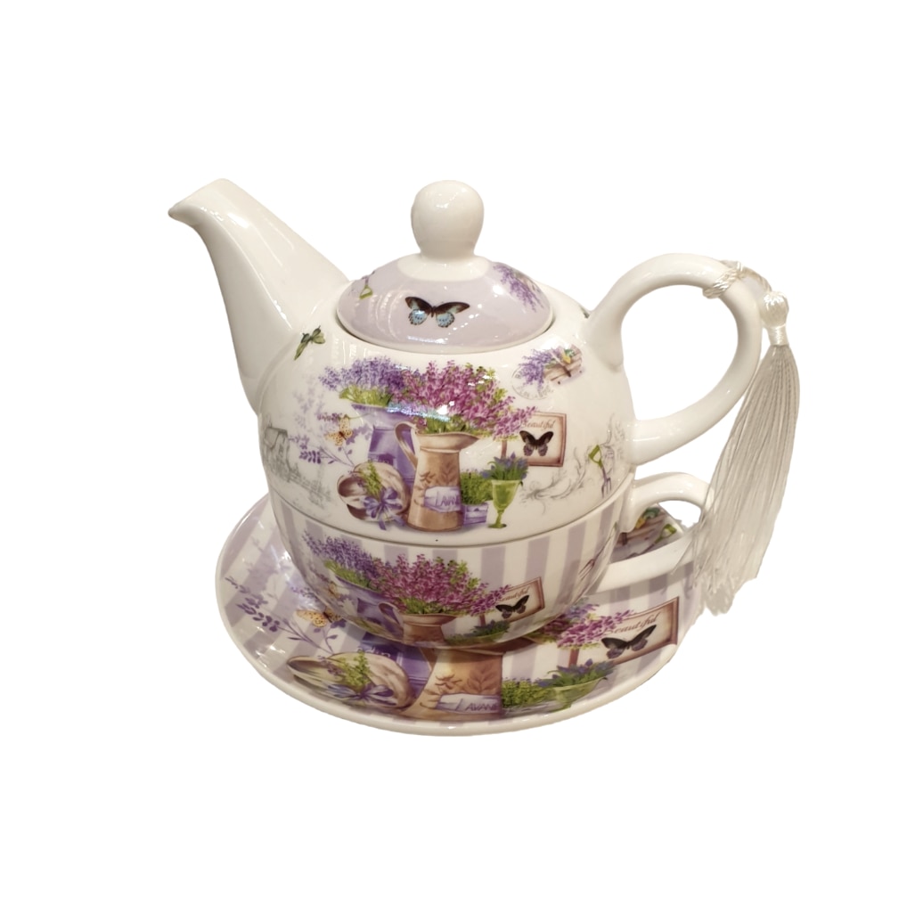 Set ceainic cu ceasca si farfurie pentru o persoana cu imprimeu Lavanda ...