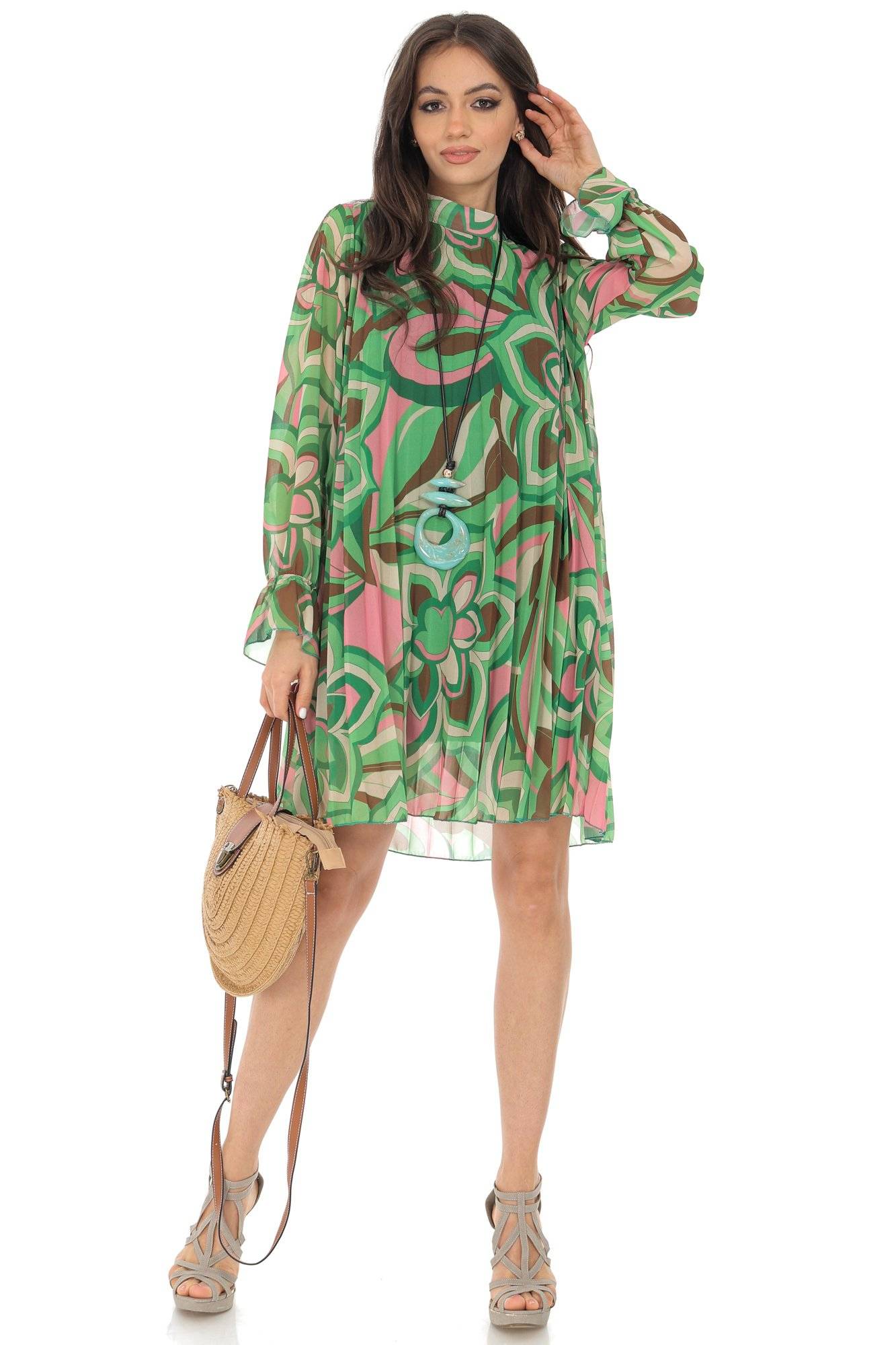 Rochie plisata Roh DR4524 Verde cu imprimeu vintage, Onesize - eMAG.ro