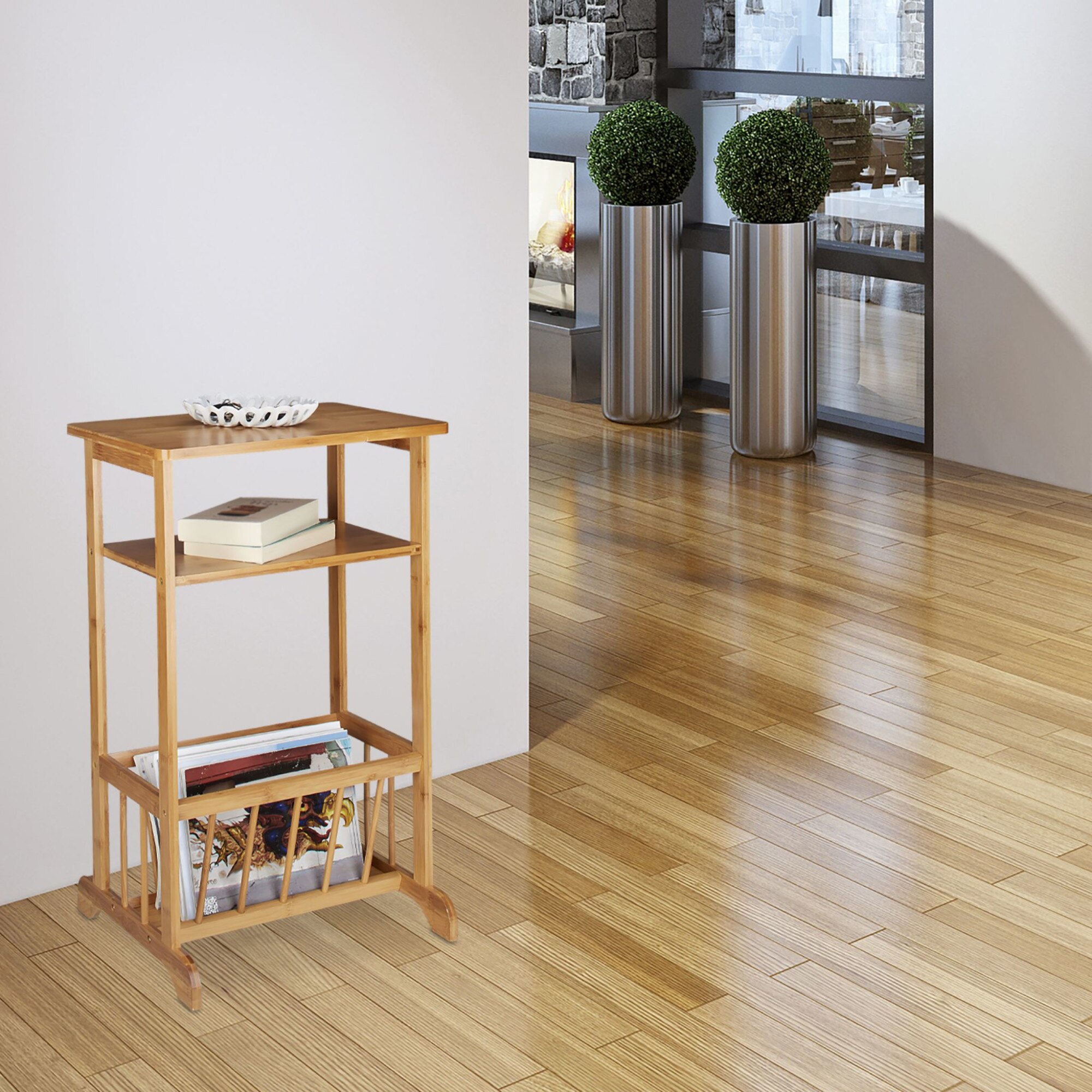 Masuta cafea multifunctionala, cu raft si sertar, MDF/bambus, maro ...