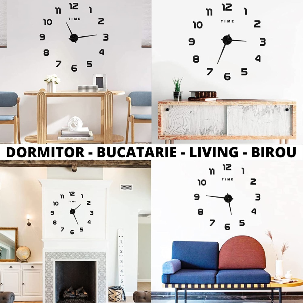 Ceas decorativ de perete WEBYO®, Efect 3D, Cifre Arabe, Diametru intre ...