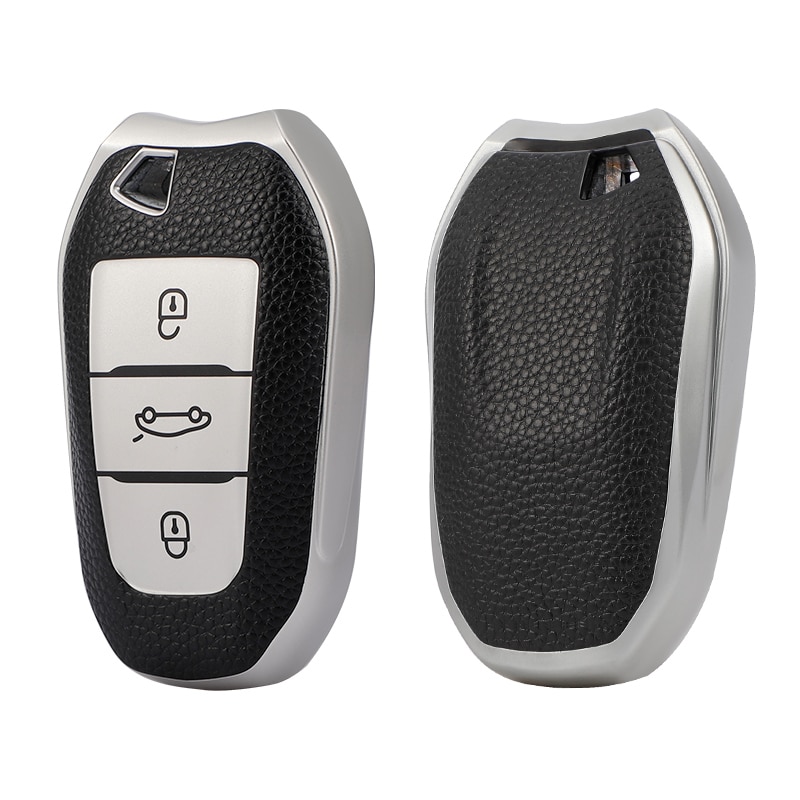 Husa argintiu cu insertii piele pentru cheie smart Peugeot 2008 3008 ...