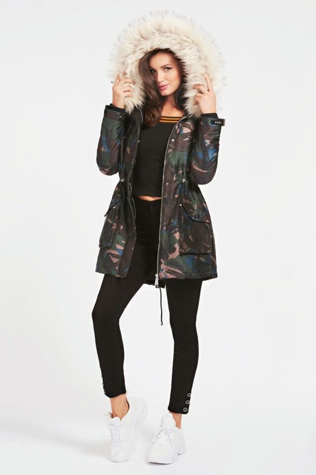 Geaca regular fit lunga cu gluga si puf rezistenta la vant Camuflaj ...