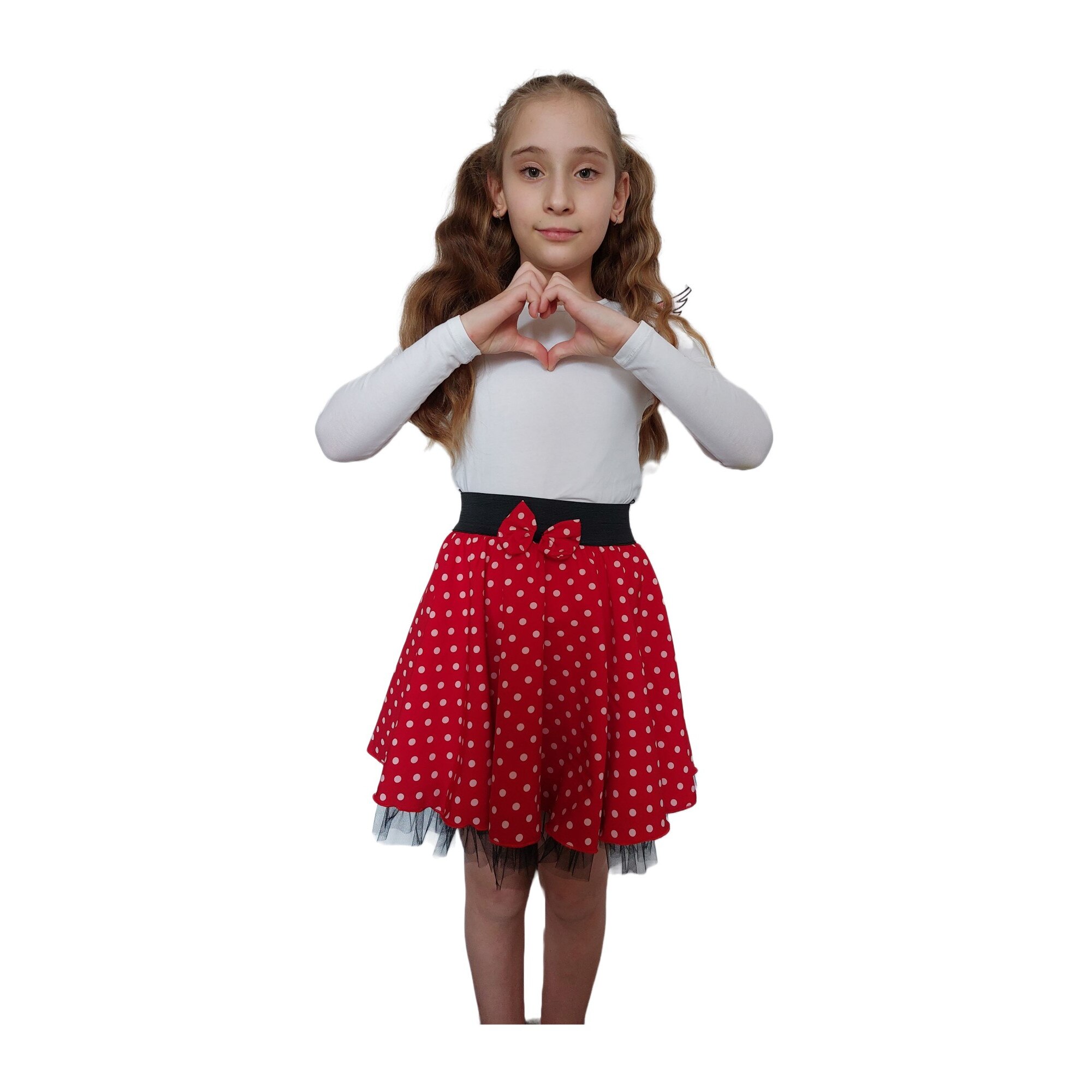 Fusta pentru Fetite, Model Minnie, cu Buline Albe, Tul si Fundita, Rosu ...