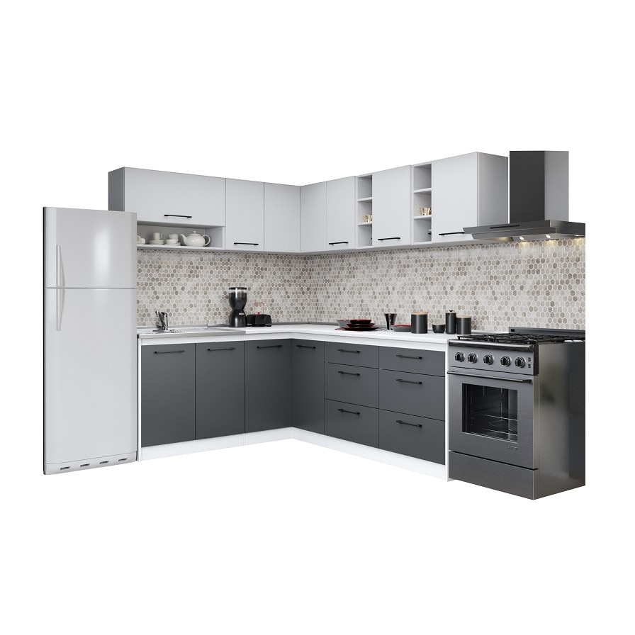 Set Mobila Bucatarie Colt, Mina Dual, Gri Antracit/Alb, C120, L 184/224 ...