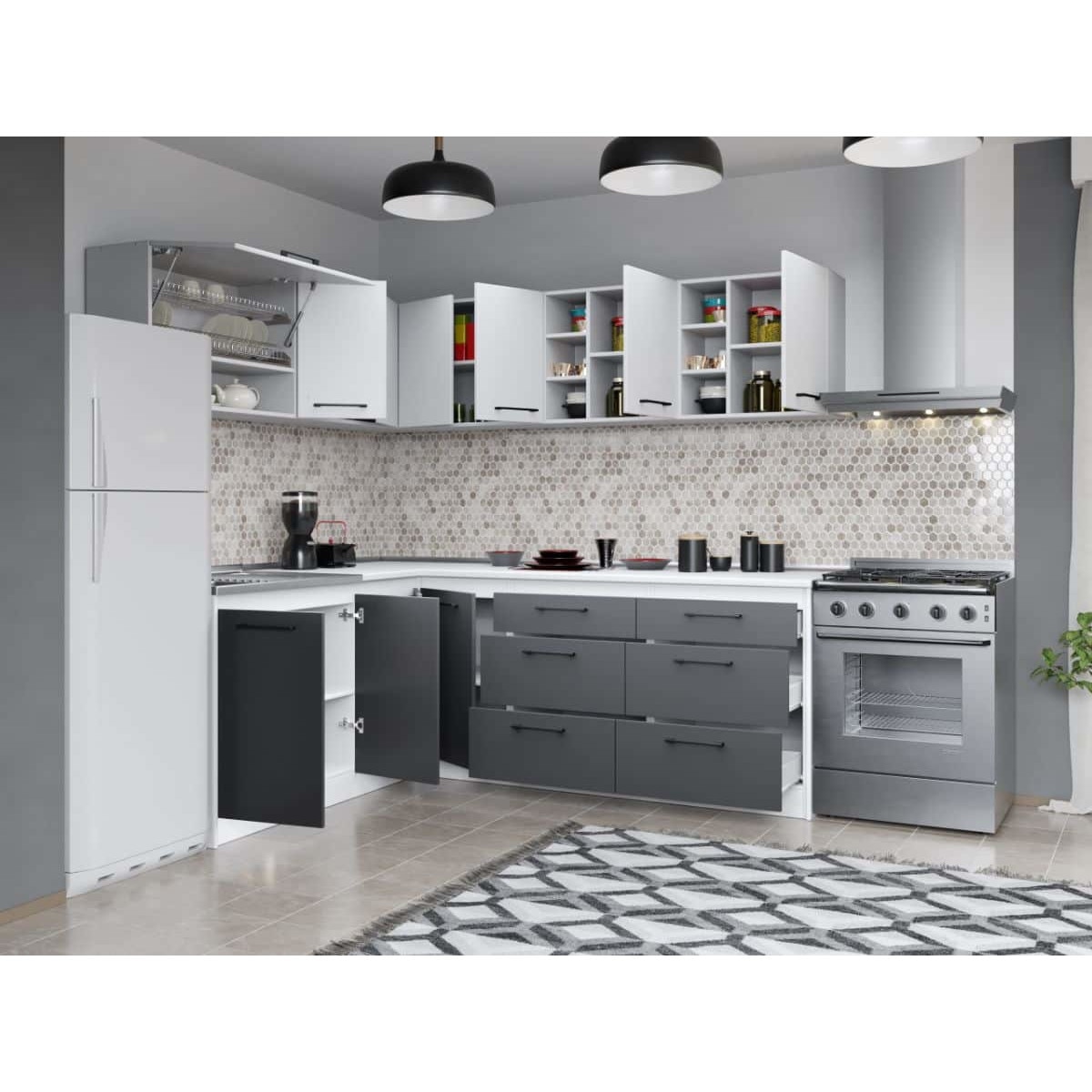 Set Mobila Bucatarie Colt, Mina Dual, Gri Antracit/Alb, C120, L 184/224 ...