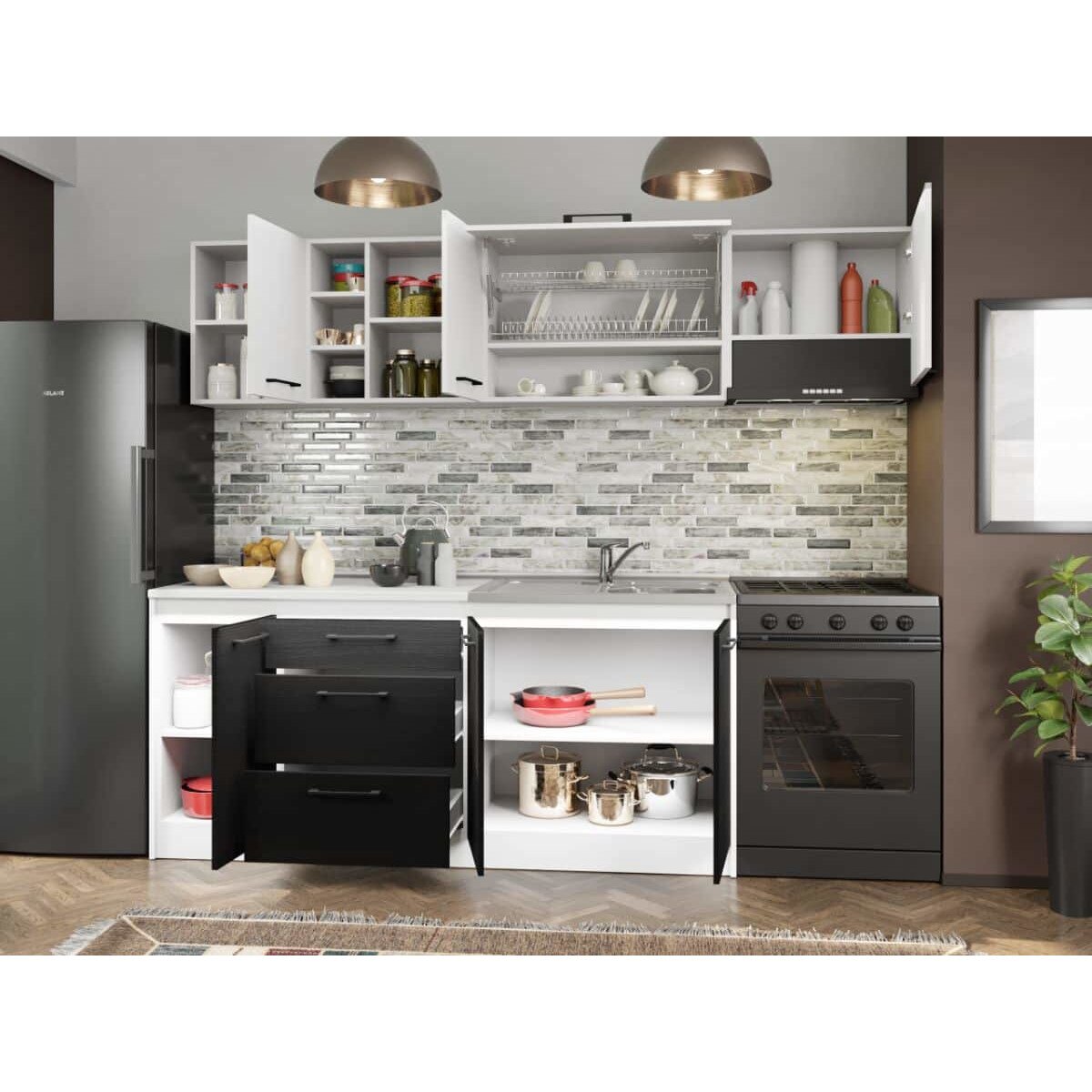 Set Mobila Bucatarie, Mina Yang, Ferrara/Alb, C127, L 242 x A 60 x H ...