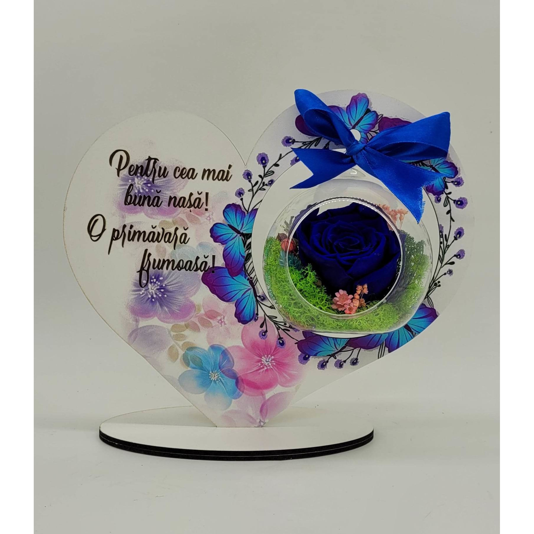 Inima pentru Nasa cu glob de sticla si trandafir criogenat albastru ...