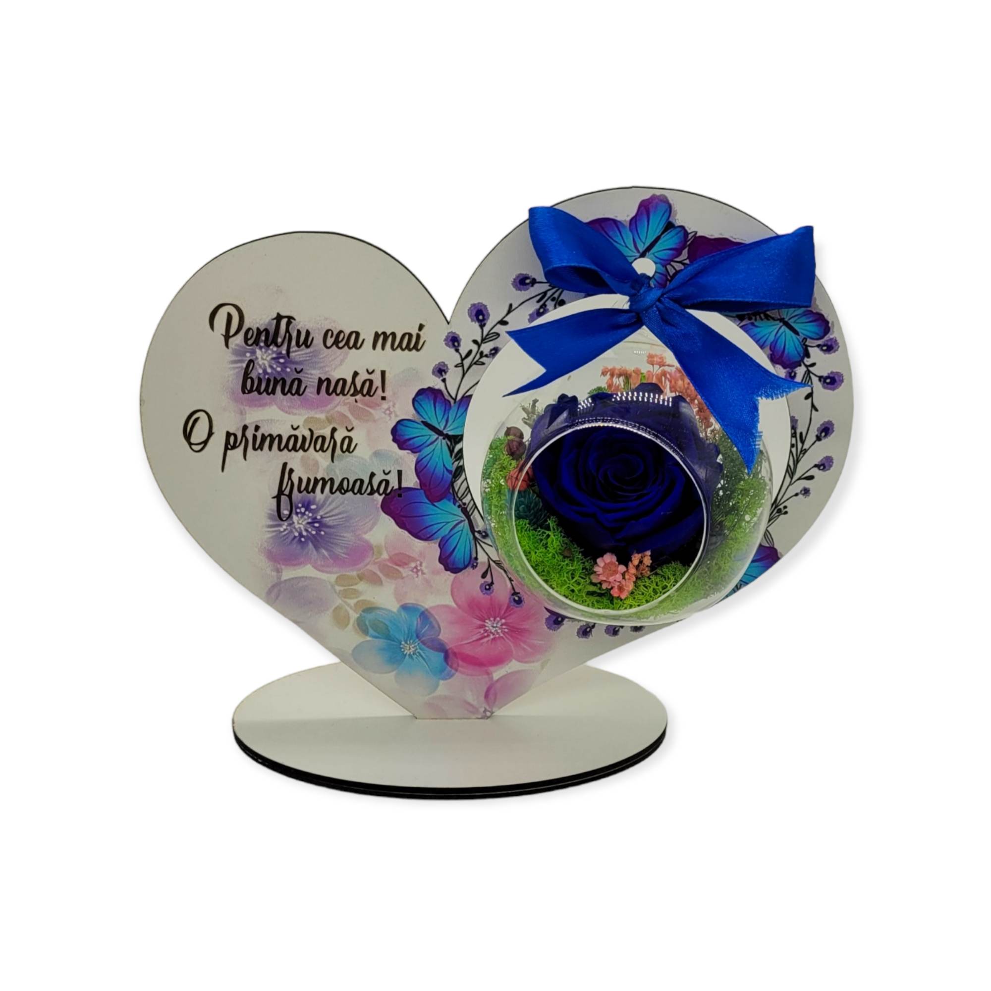 Inima pentru Nasa cu glob de sticla si trandafir criogenat albastru ...