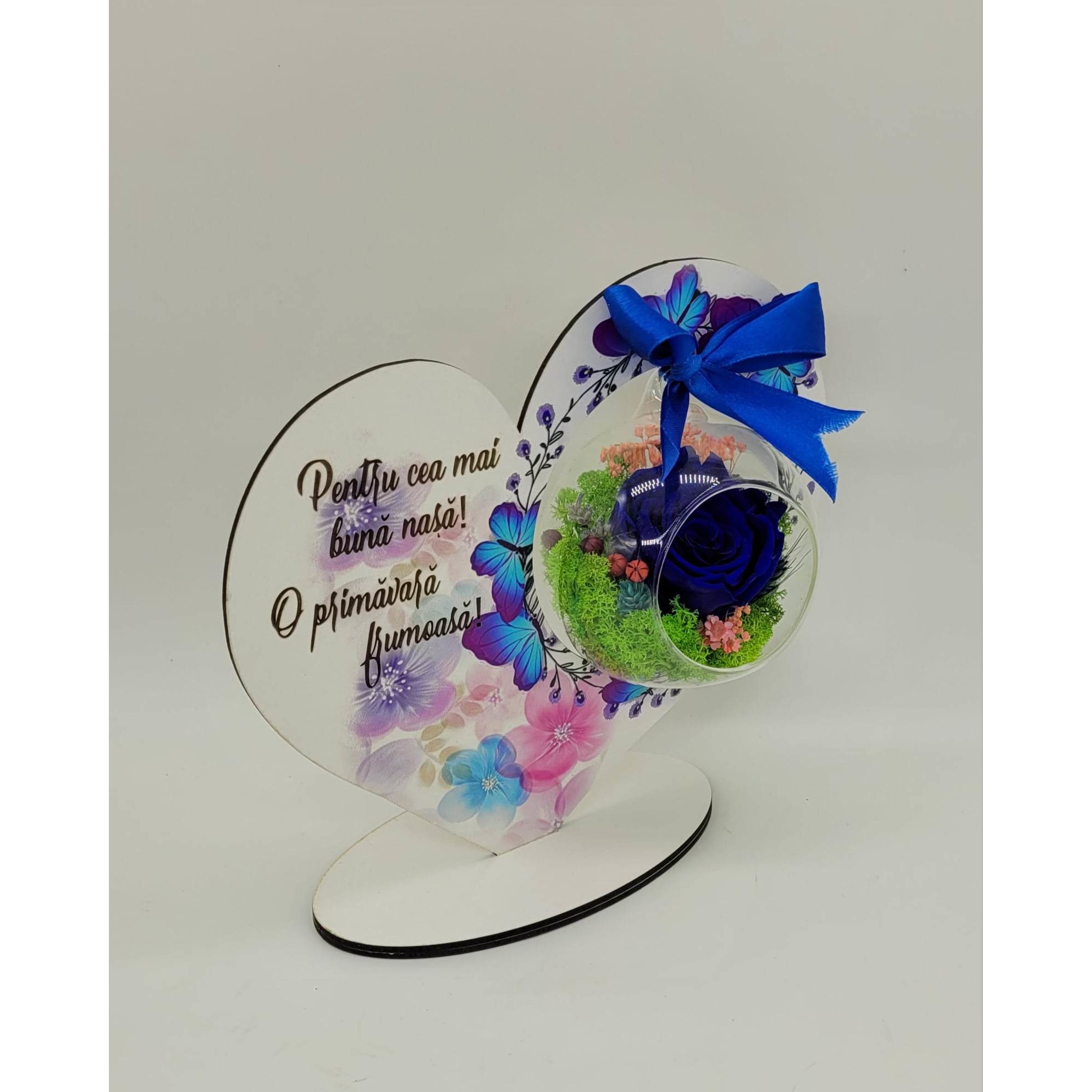 Inima pentru Nasa cu glob de sticla si trandafir criogenat albastru ...