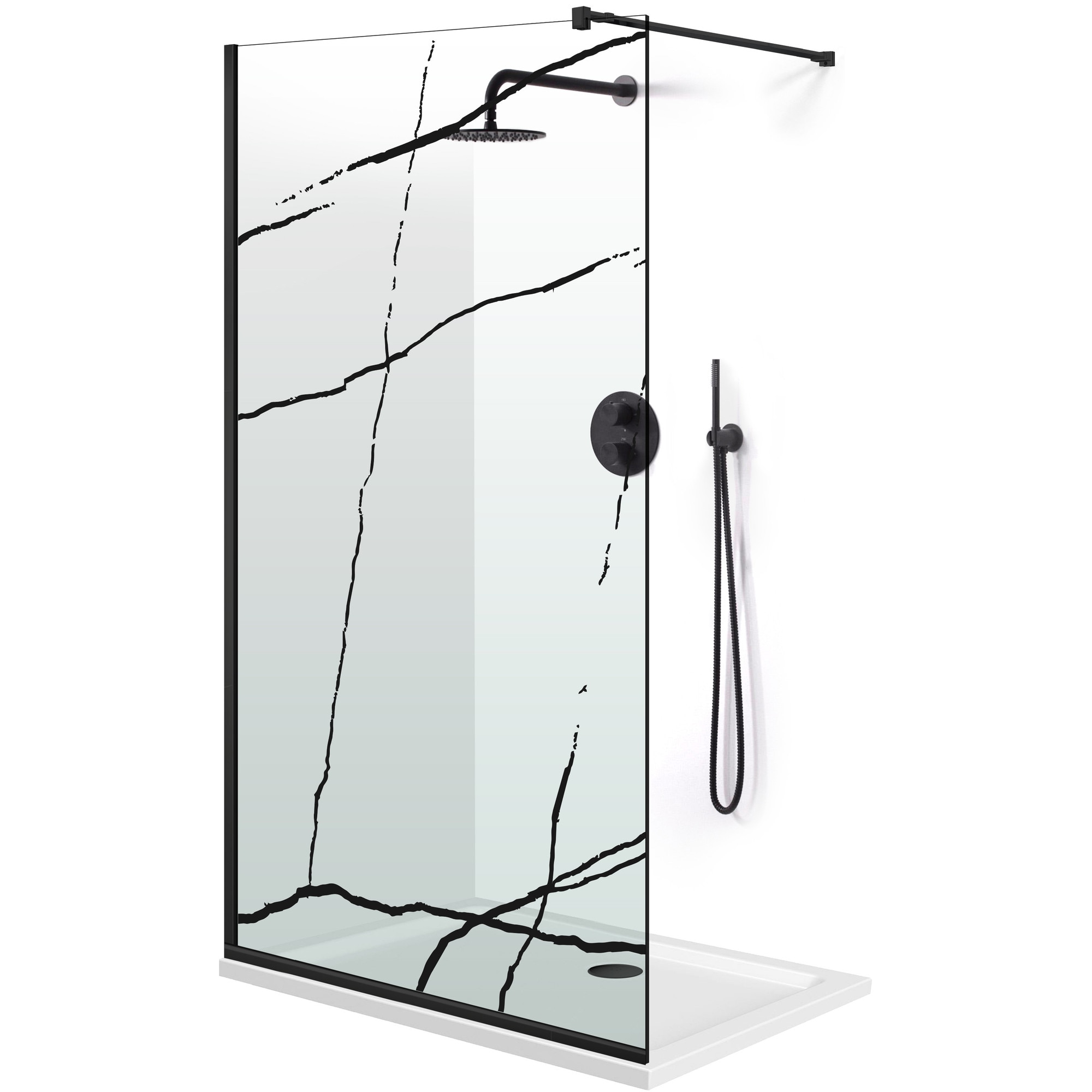 Paravan dus walk-in Aqua Class ® Black negru mat, model Marble negru ...