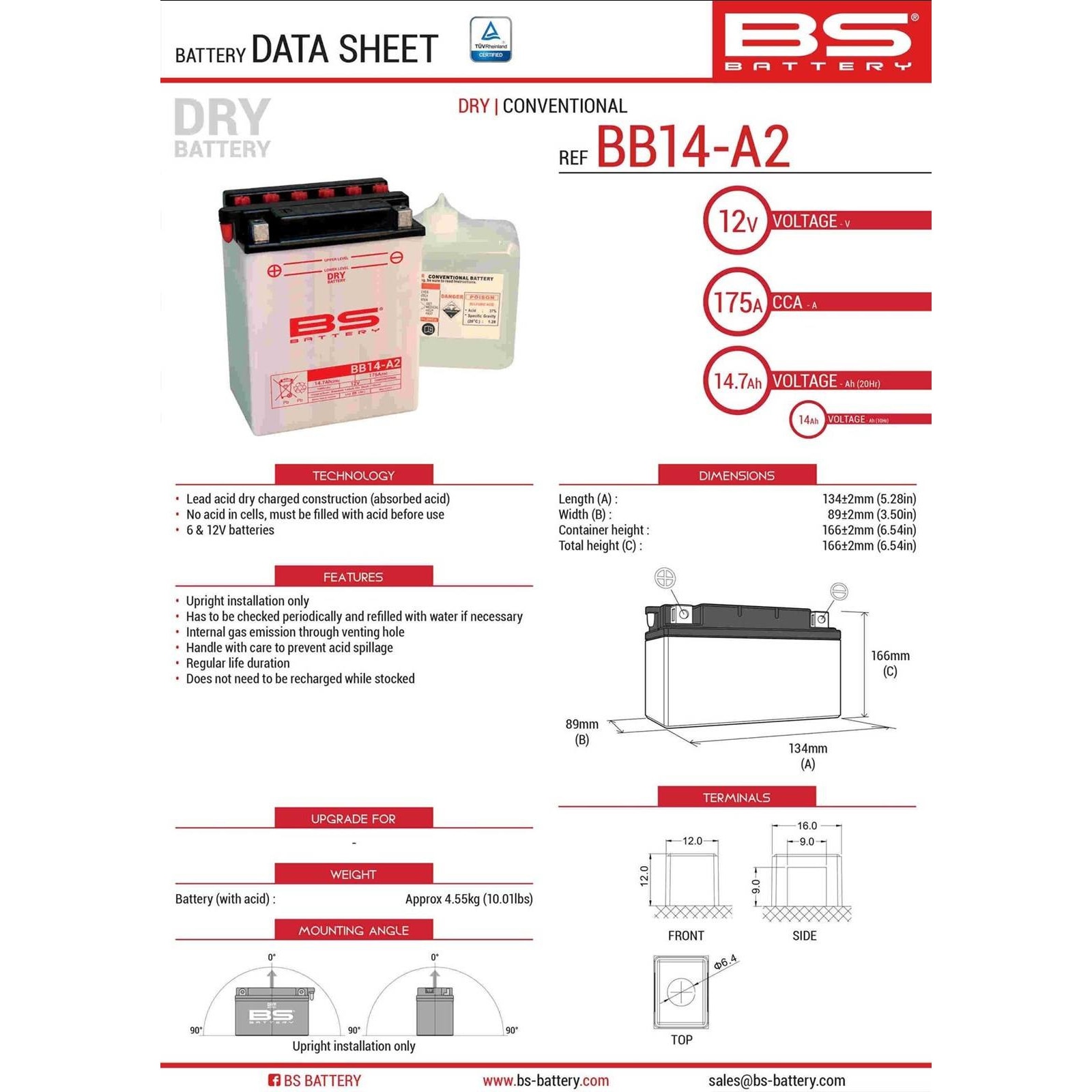 Baterie moto BB14-A2, BS Battery, YB14-A2, 12V, 14 Ah, 175 A, Alb - eMAG.ro