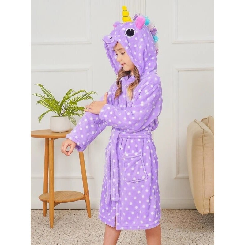 Halate de baie pentru copii, model cu Unicorn, imprimeu mov cu buline ...