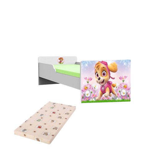 Pat copii Patrula catelusilor roz, 144x74 cm, saltea inclusa - eMAG.ro