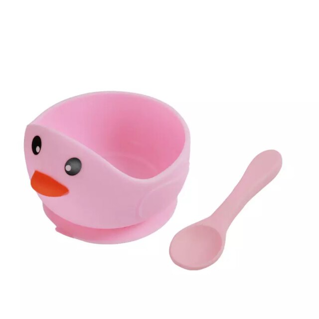 Set bol anti-alunecare din silicon si lingurita pentru diversificare, Empria, Pui, Roz - eMAG.ro