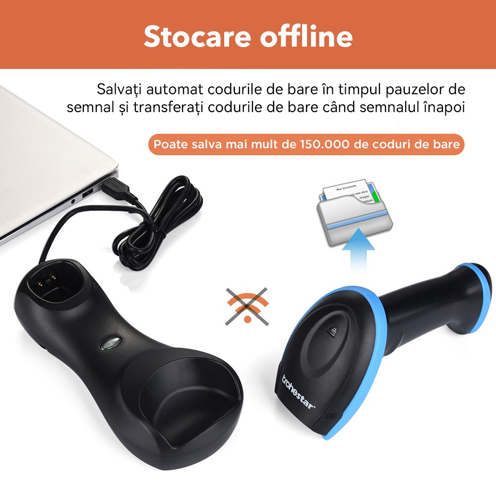 Scaner de coduri de bare, Trohestar, Bluetooth, cu suport USB - eMAG.ro