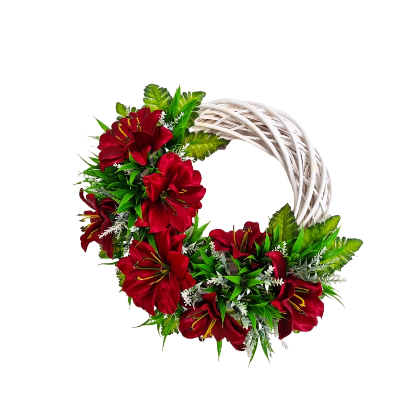 Coronita decorativa usa din ratan Alya Home&Deco, crini rosii, eucalipt ...