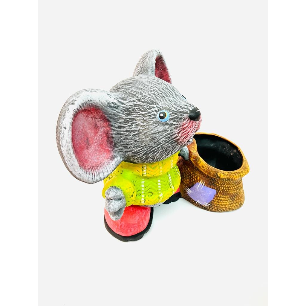 Decoratiune de casa si gradina din lut, soarece cu ghiveci, 39 cm x 33 ...