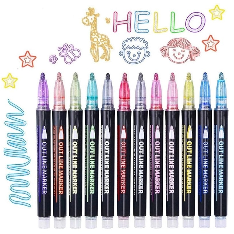 Set 12 markere desen, cu chenar colorat, culori cu aspect metalic - eMAG.ro