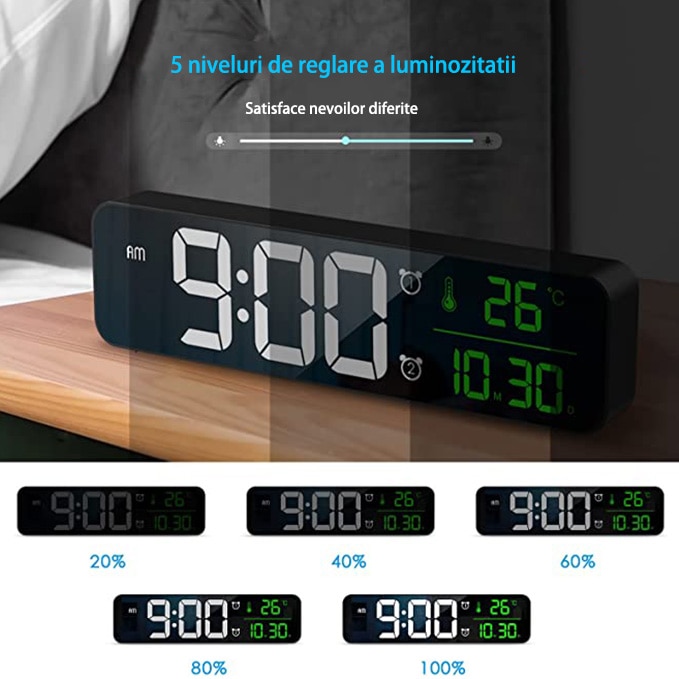 Ceas Digital de Perete, BYONDSELF®, Display LED, Termometru, Functie de alarma dubla, 5 niveluri ...