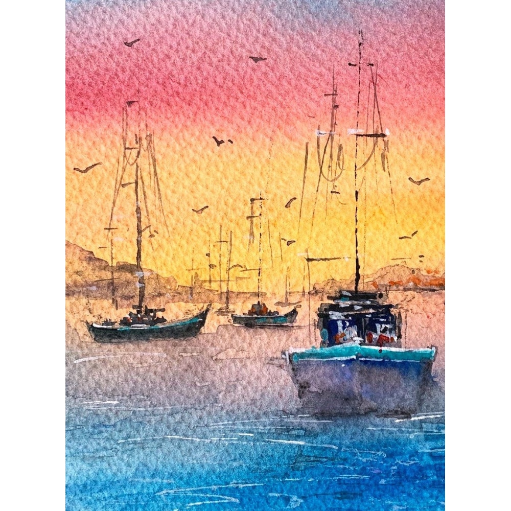 Tablou pictat manual in acuarela, Pictura Hobby, Apus de soare ...