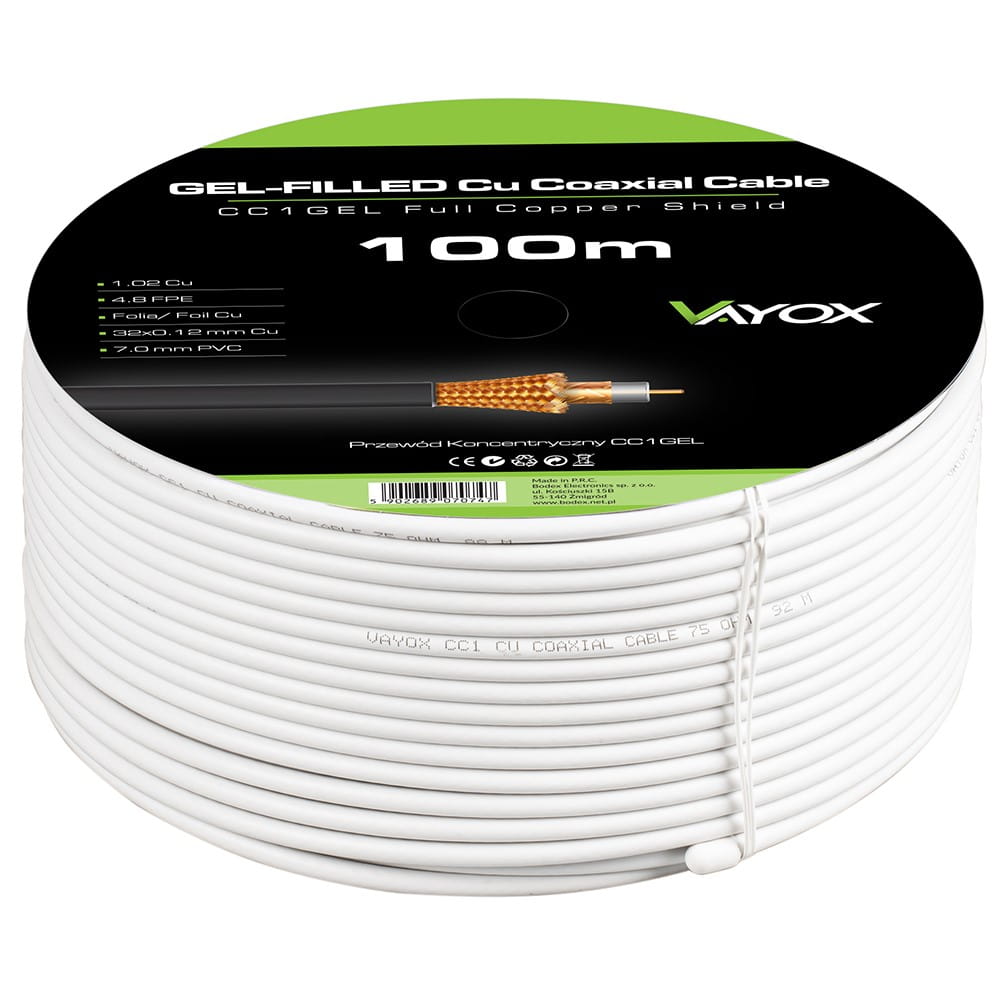 Коаксиален кабел Vayox, 100 м, Бял - eMAG.bg