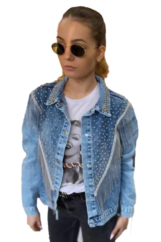 Geaca blugi dama cu perle si franjuri, albastru - eMAG.ro