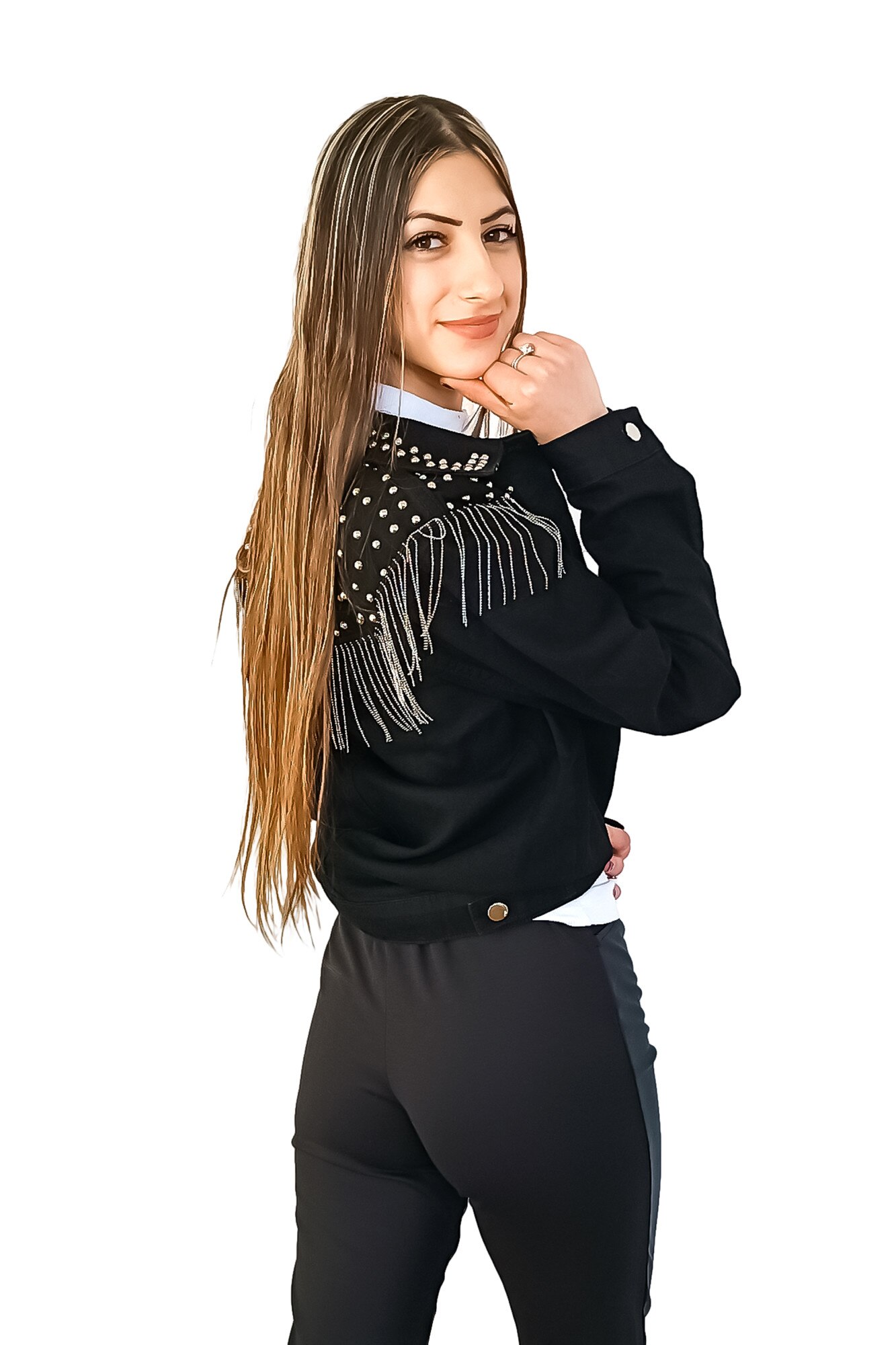 Geaca dama, denim, perle si franjuri, negru M INTL - eMAG.ro