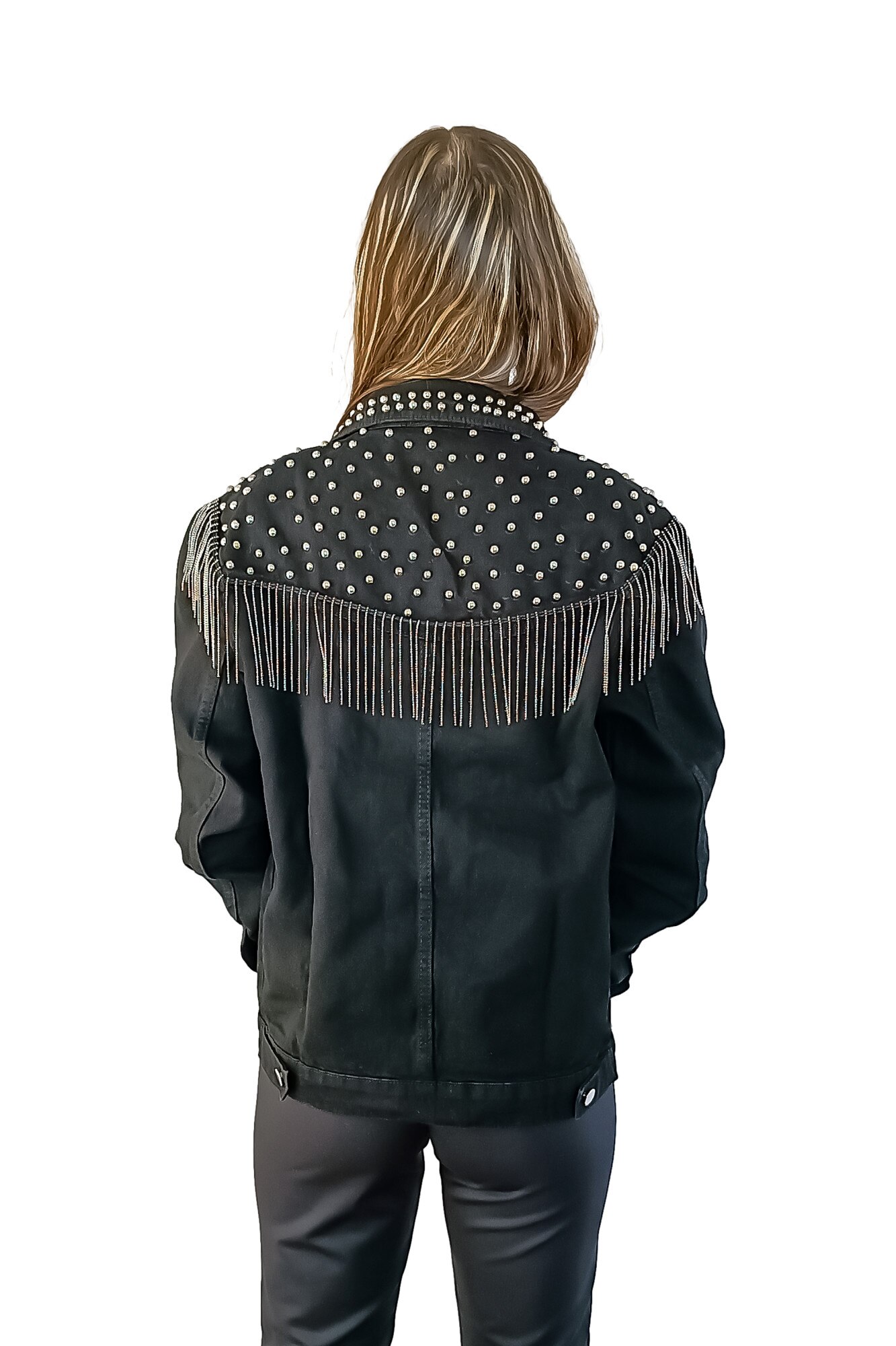 Geaca dama, denim, perle si franjuri, negru M INTL - eMAG.ro