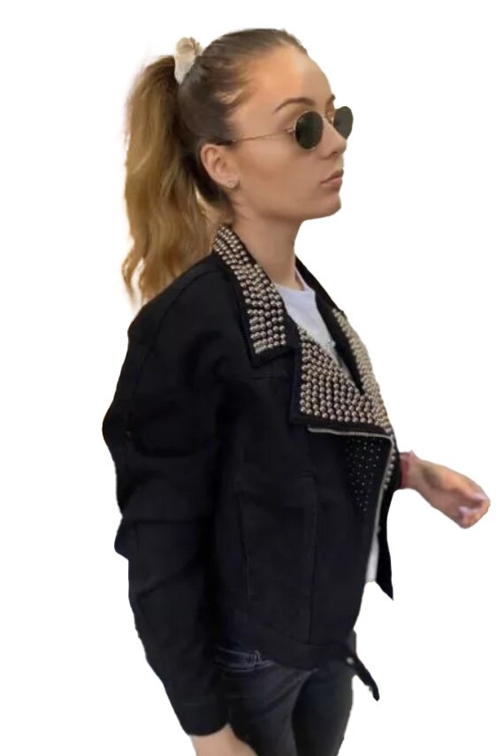 Geaca blugi, dama, perle guler, negru, S INTL - eMAG.ro