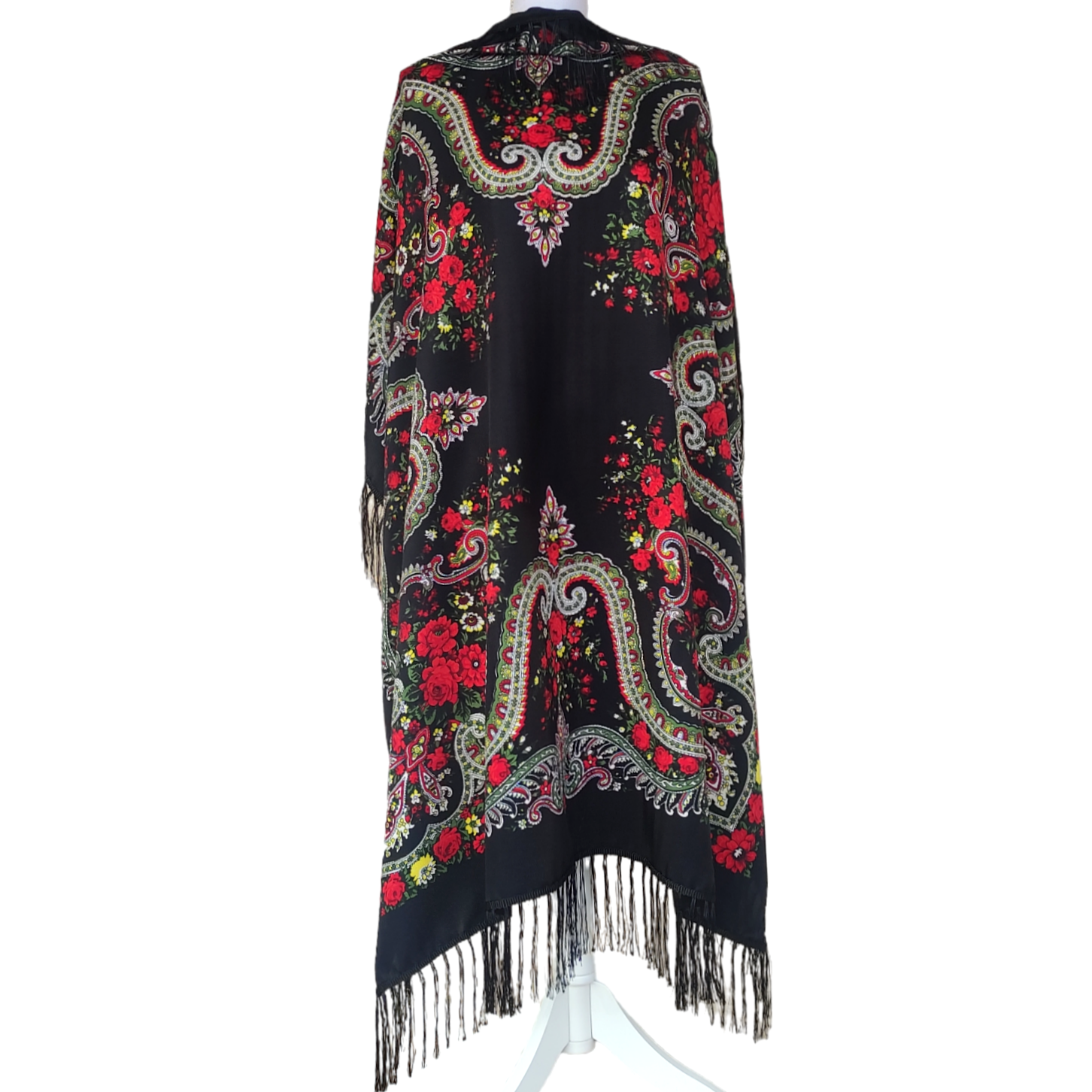 Esarfa patrata cu franjuri, motiv foral traditional pe fond negru, 105 ...