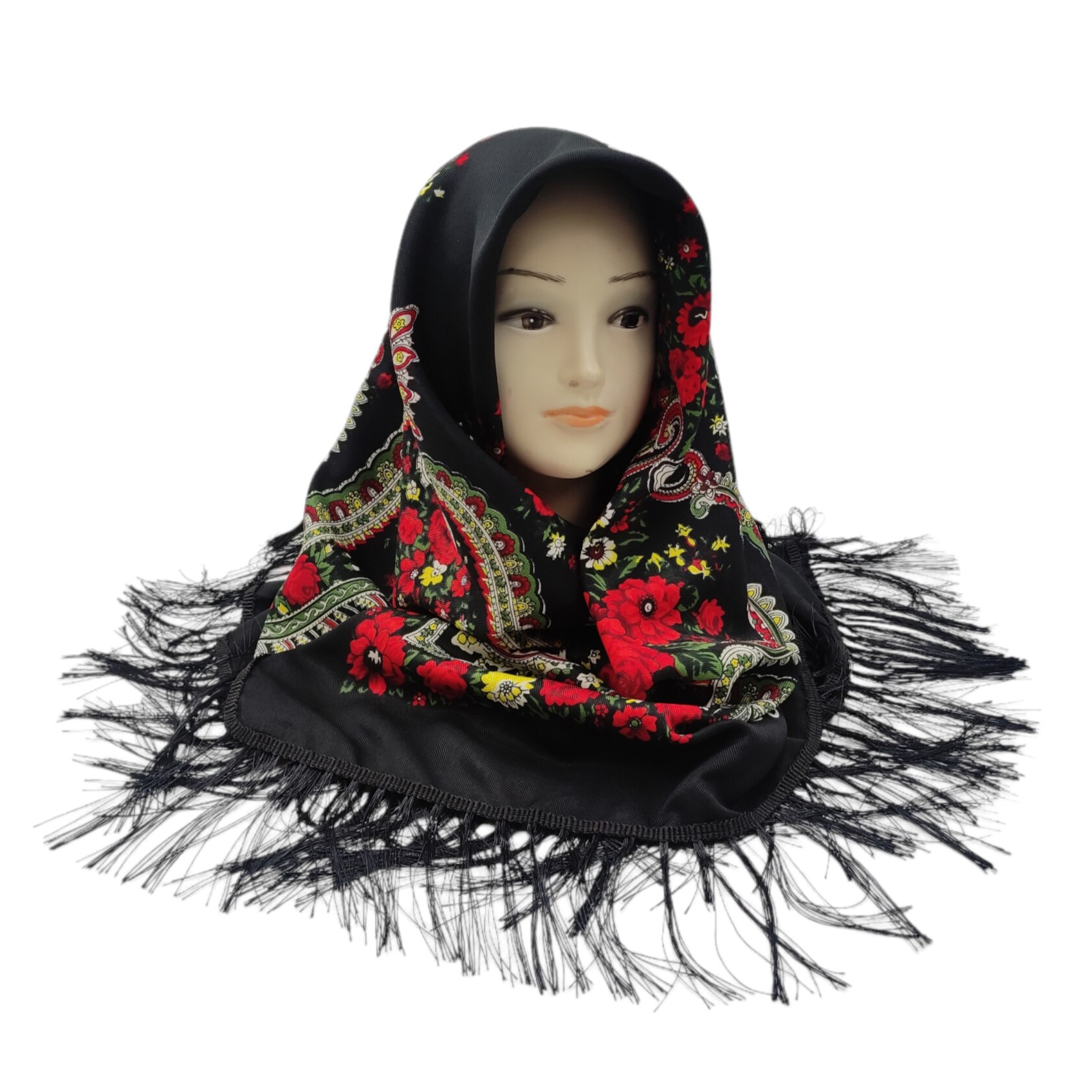 Esarfa patrata cu franjuri, motiv foral traditional pe fond negru, 105 ...