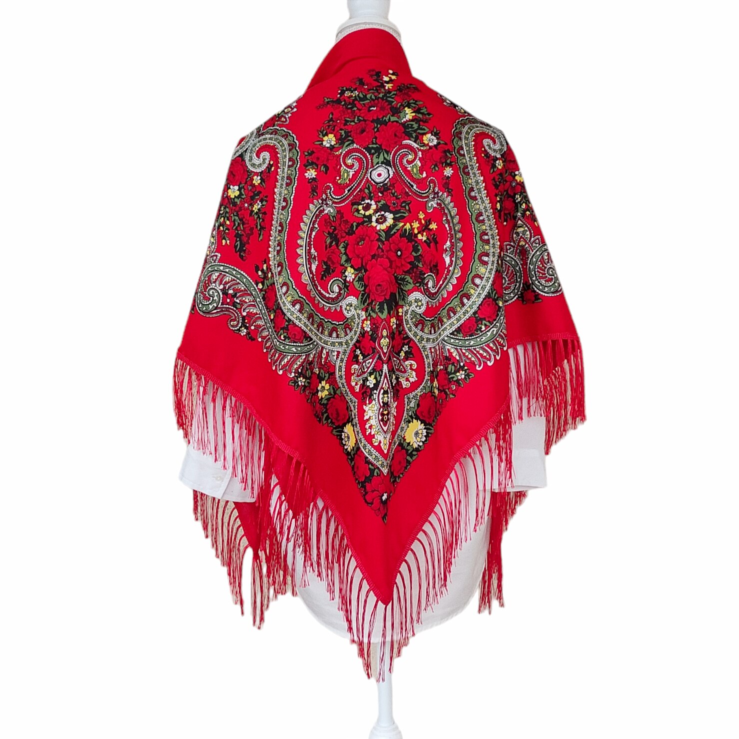 Esarfa patrata cu franjuri, motiv foral traditional pe fond rosu, 105 ...