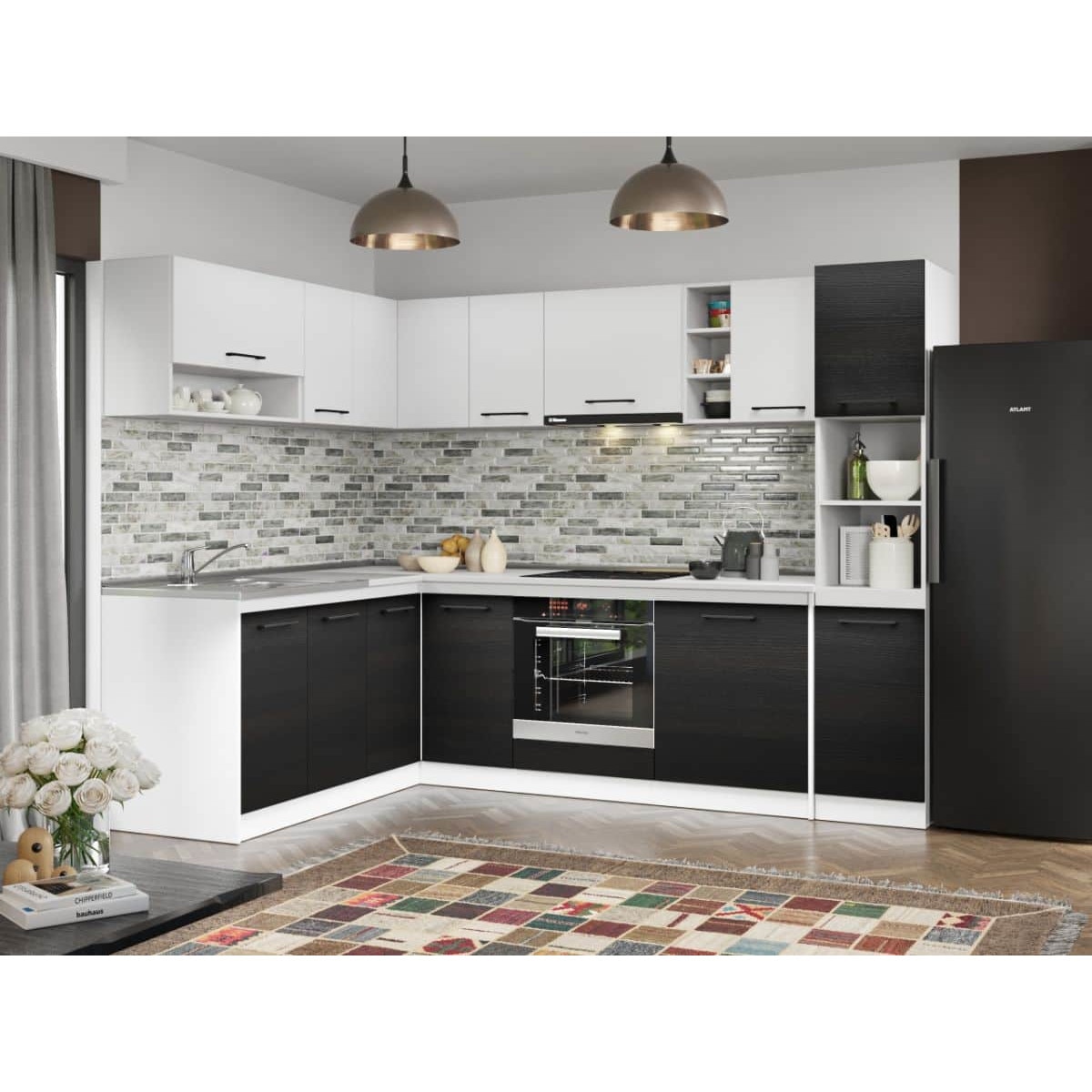 Set Mobila Bucatarie Colt, Mina Yang, Ferrara/Alb, C139, L 184/264 x A ...