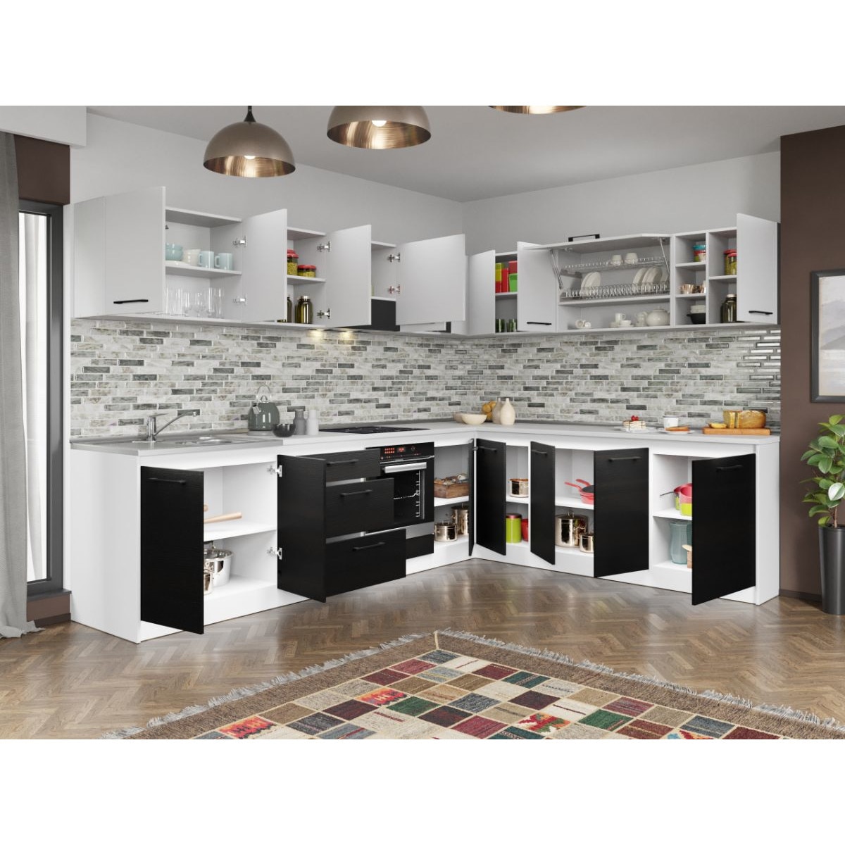 Set Mobila Bucatarie Colt, Mina Yang, Ferrara/Alb, C142, L 304/244 x A ...