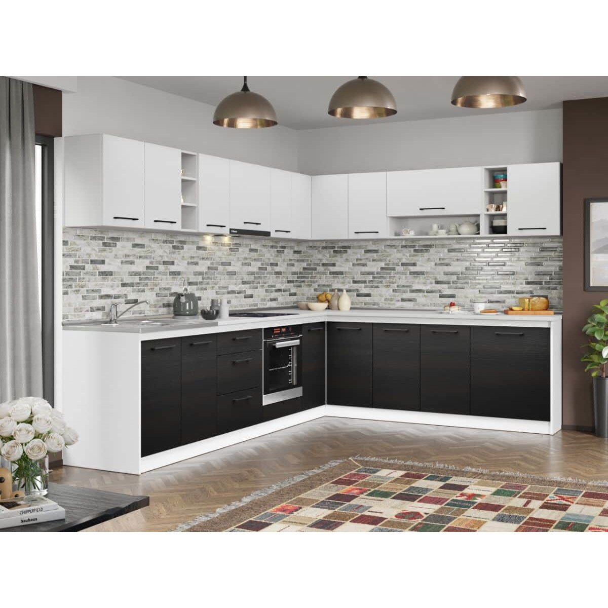 Set Mobila Bucatarie Colt, Mina Yang, Ferrara/Alb, C142, L 304/244 x A ...