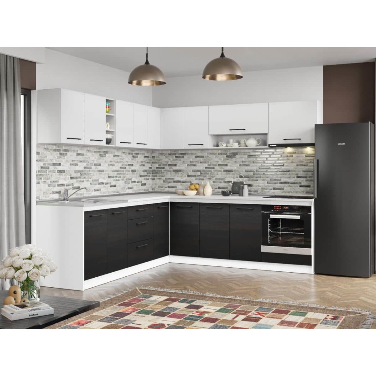 Set Mobila Bucatarie Colt, Mina Yang, Ferrara/Alb, C141, L 244/244 x A ...