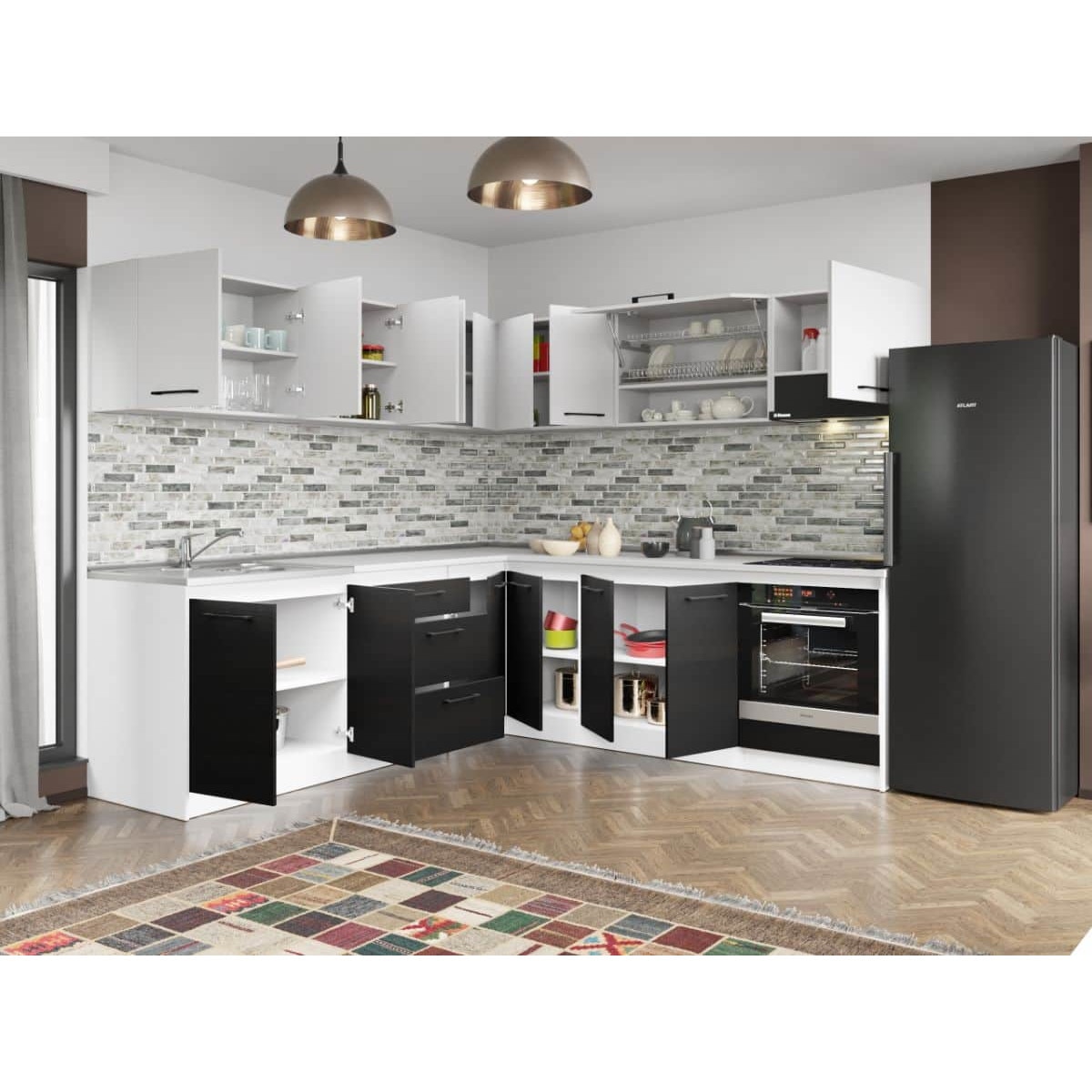 Set Mobila Bucatarie Colt, Mina Yang, Ferrara/Alb, C141, L 244/244 x A ...